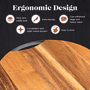 American Atelier Acacia Wood Round Cutting Board with Metal Accent | Serving Board | Large Cheese Board | Charcuterie Board with Handle for Serving Cheeses, Meats, Crackers, and Wine (13”)
