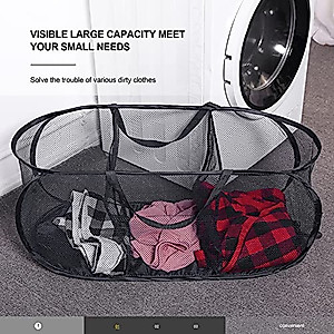 Vcgalu Mesh Pop Up 3 Compartment Laundry Sorter Hamper，Collapsible Laundry Basket with Durable Handles Solid Bottom High Carbon Steel Frame-Black