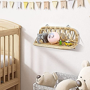 Mazjoaru Wall Shelves Rattan Shelf 16.5inch Handmade Boho Wall Decor Floating Rustic Decor for Bathroom Nursery Bedroom, Wall Mounted Natrual Rattan and Wood Storage Hanging Shelves
