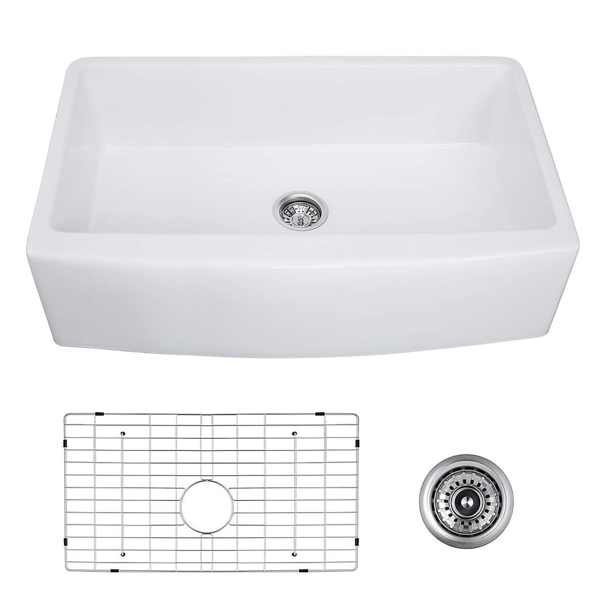 33 x 21 Inch Curved Farmhouse Sink White - CELAENO Single Bowl Fireclay Farmhouse Sink, Apron Front Deep Sink with Protective Bottom Grid and Strainer