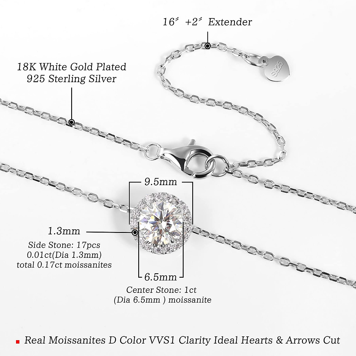 Moissanite Necklace for Women 1 Carat D Color Moissanite Pendant Lab Created Diamond Adjustable 925 Sterling Silver Chain Halo Necklace Anniversary Valentines Day Gifts for Her