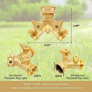 Garden Hose Splitter 2 Way - Heavy Duty Solid Brass Hose Y Splitter，Hose Faucet Splitter,3/4" Brass Hose Adapter Connectors Shut Off Valve, Hose Spigot Adapter 2 Valves, Plus 4 Extra Rubber Washers.