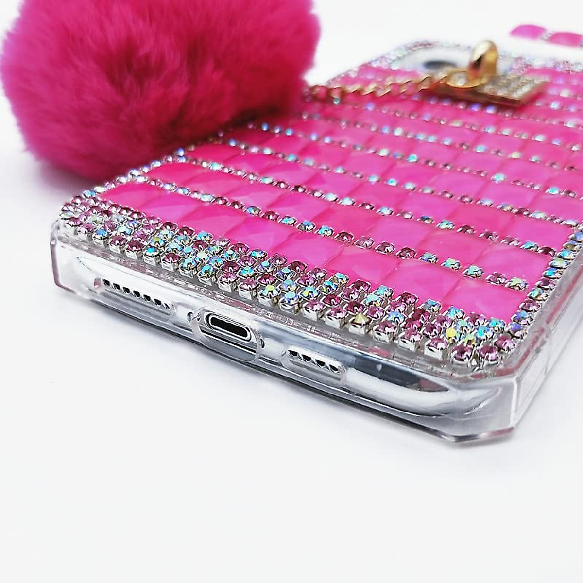 Losin Perfume Case Compatible with iPhone 12 6.1 inch Luxury Bling Diamond Rhinestone Bow Perfume Bottle Furry Plush Ball Bling Glitter Gemstone Soft TPU Back Case with Lanyard