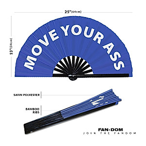 Move Your Ass Hand Fan Foldable Bamboo Circuit Hand Fan Funny Gag Slang Words Expressions Statement Gifts Festival Accessories Rave Handheld Circuit Event Fan Clack Fans (Blue)