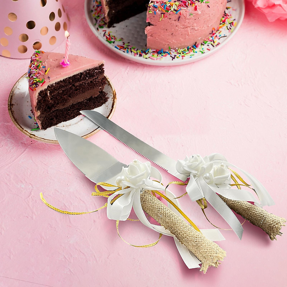 woodounai 2 Pcs Wedding Cake Knife and Server Set Wedding Cake Toppers Rustic Style Cake Cutting Set for Wedding with Burlap Flower Design (Flower)
