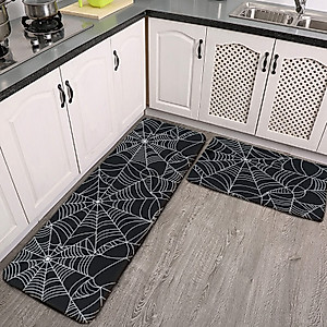 YouTary Halloween Spider Black and White Spiderweb Pattern Kitchen Rug Set 2 PCS Floor Mats Washable Non-Slip Soft Flannel Runner Rug Doormat Carpet for Floor Home Bathroom, 17" x 47"+17" x 24"-M