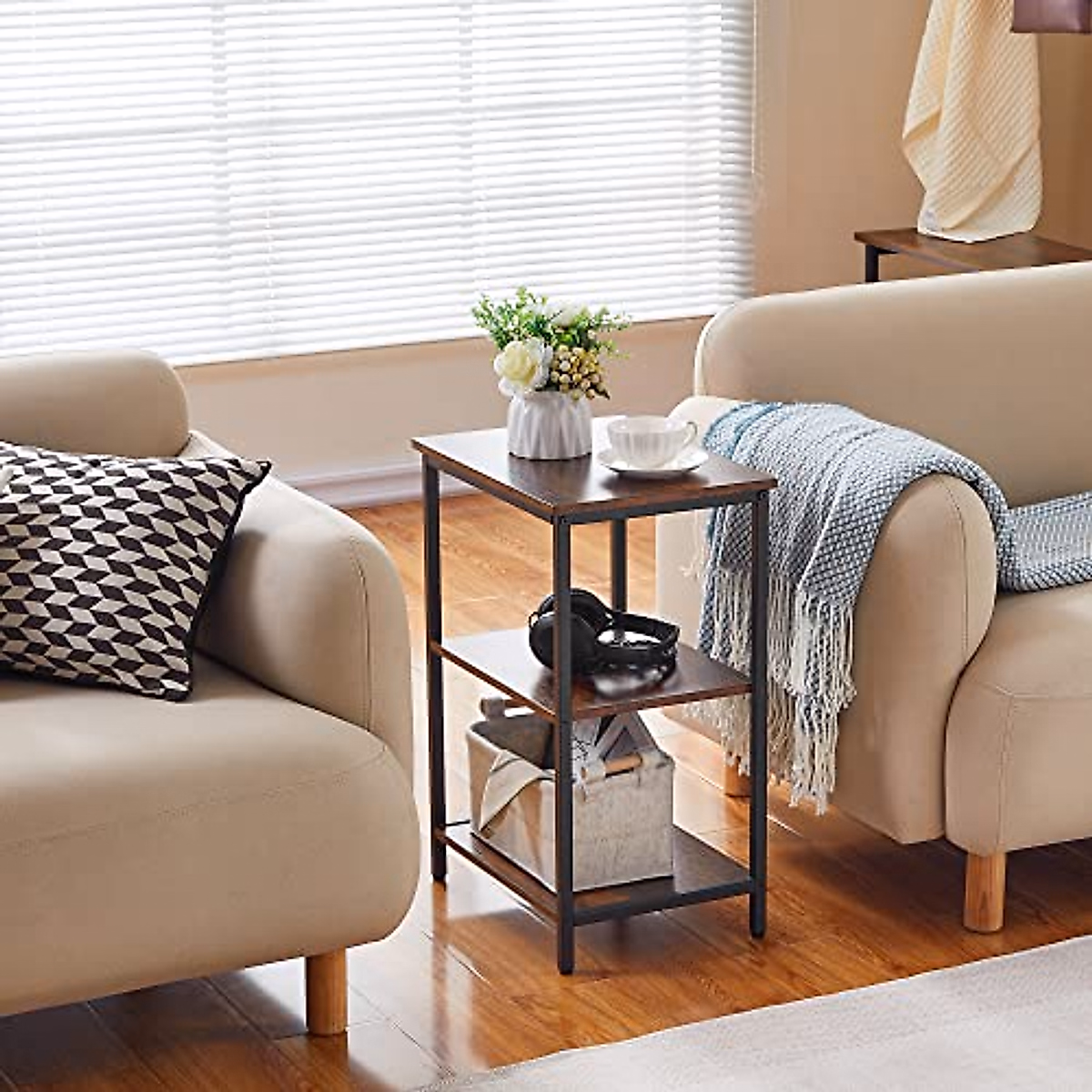 VECELO End Side Table with Storage Shelf, Industrial Night Stand, 3-Tier Small Nightstand for Living Room, Bedroom, 2 Pack, Brown/2pcs