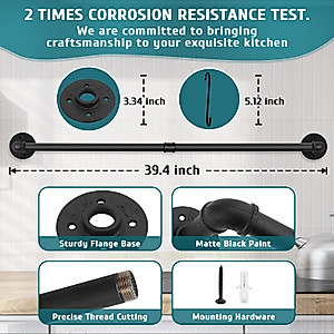 SUJOER 39.4 inch Pot Rack Wall Mounted with 15 Hooks, Hanging Pot Pan Organizer Rack,Utensil Industrial Pipe Hanger,heavy duty Cast Iron Skillet Storage Rail,Cabinet Black Pots and Pans Storage