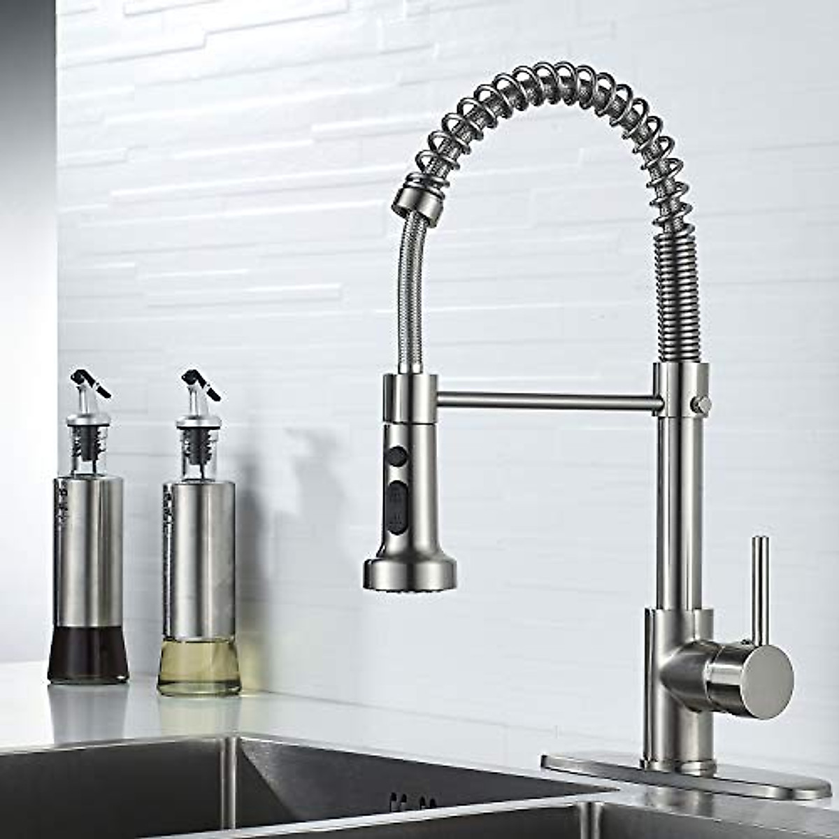 RODDEX Kitchen Faucet Stainless Steel Solid Brass Single Handle Single Hole Sink Faucets with Pause Button, 3 Hole Cover Deck Plate Pull Out Pullout Sprayer, Silver & Brushed Nickel …