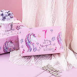 RUSPEPA Birthday Wrapping Paper Sheets with 7 Year Old Pink Pattern Great for Birthday Gift Wrap, 6 Fold on Sheets Each Set, 27 inches x 19 inches