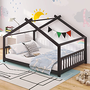AOCOROE Wood House Bed Full Bed Frame for Boys and Girls, Full Size Playhouse-Design Montessori Floor Bed Platform Bed Frame,No Box-Spring Needed