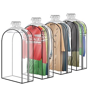 Hiitytin 40" Clear Garment Bags for Hanging Clothes, 4 Pcs Garment Covers with 10" Gusseted & Side Zipper - Hanging Clothes Storage Bag for Closet, Suit, Coat, Shirt, Dress Bags