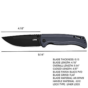 CJRB CUTLERY Pocket Knife Resource (J1932) Thumb Studs Folding Knife for Men Black PVD AR-RPM9 Steel Blade and Grey Blue G10 Handle for Hinking Camping Work Outdoor