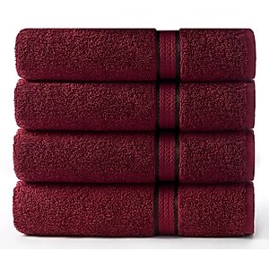 COTTON CRAFT Ultra Soft 4 Pack Oversized Extra Large Bath Towels 30x54 Burgundy Weighs 22 Ounces - 100% Pure Ringspun Cotton - Luxurious Rayon Trim - Ideal for Everyday use - Easy Care Machine wash