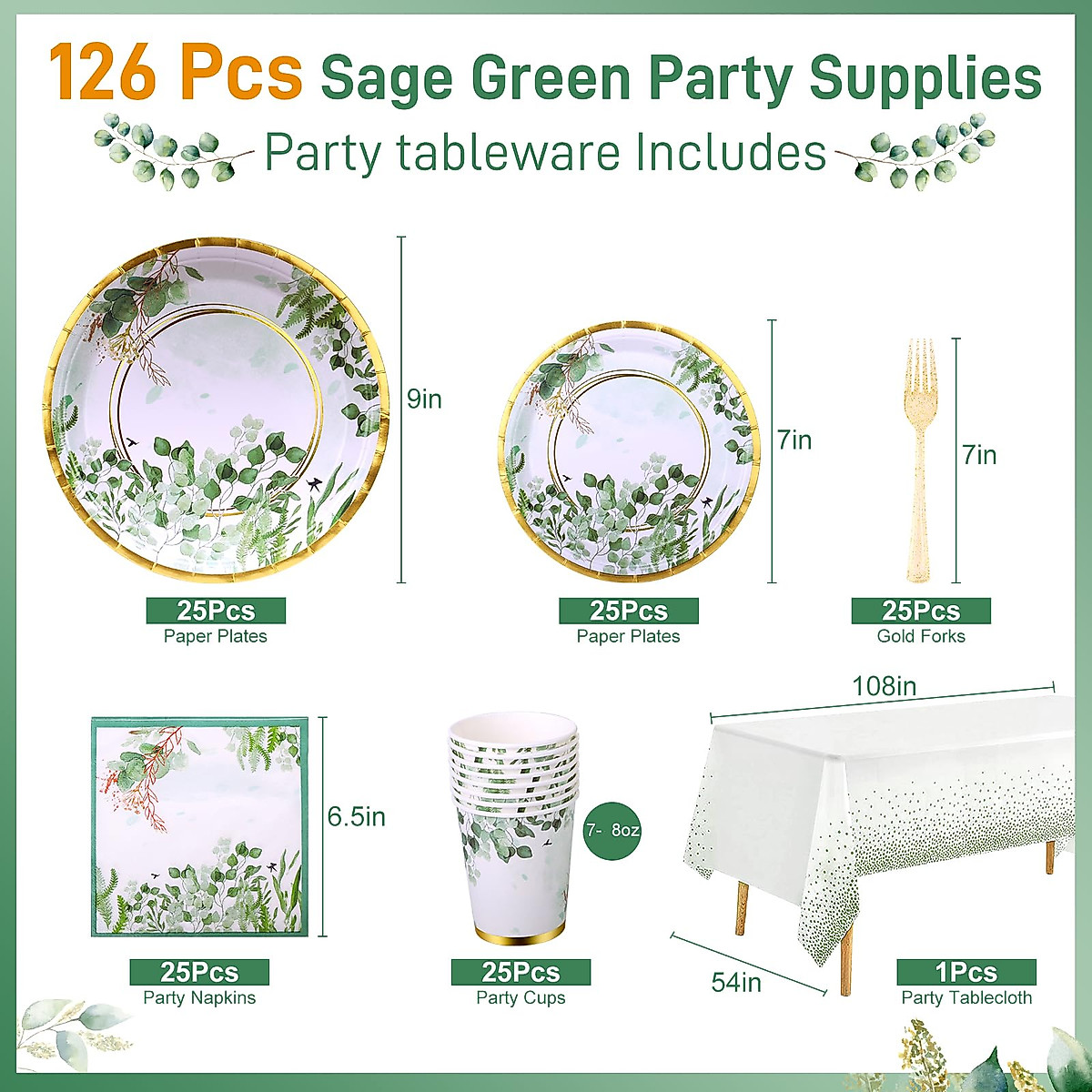 Etsutomy Sage Green Party Decoration, 126PCS Sage Green Plates and Napkins Party Supplies, Spring Greenery Eucalyptus Green Leaves Disposable Dinnerware Decor for Wedding Birthday Baby Shower