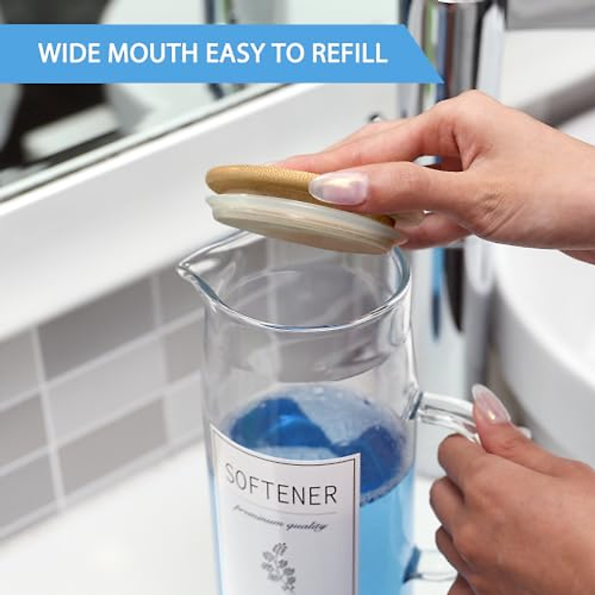 KitHero Laundry Detergent Dispenser Set with Bamboo Lids and Handles - Easy Pour 2 Pack 50 oz Liquid Laundry Containers for Laundry Room Organization and Storage