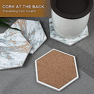 Marble Coasters for Drinks Absorbent with Cork Base, 6 Pcs Drink Coasters for Wooden Table with Metal Holder, Gold Ceramic Cup Coaster Set Rustic Home Decor for Living Room Bar - Housewarming Gifts