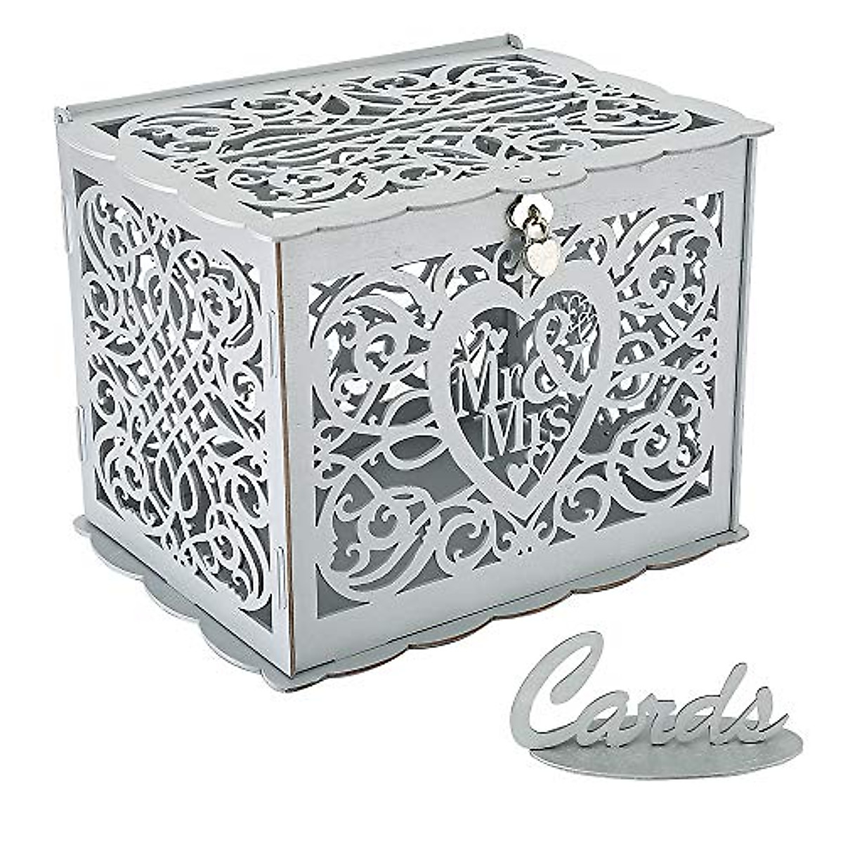Mimacoo Wedding Money Box Holder with Sign, Large Rustic Wood Wooden DIY Envelop Gift Card Shadow Boxes with Lock Slot for Reception Anniversary (Silver)
