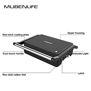 MUBENLIFE,Panini Press,Sandwich Press,Pnini Grill,Electric Indoor Grill,Perfect for Grilling Sandwich,Steak,Burger,Panini,Sausage,Non-Stick, Auto Temperature, 2 Slice, Mini Size