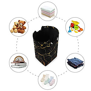 ALAZA Large Laundry Hamper Basket Black Marble With Gold Geometric Laundry Bag Collapsible Oxford Cloth Stylish Home Storage Bin with Handles, 22.7 Inch