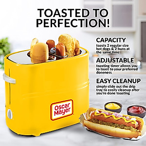 Nostalgia GCT2 Deluxe Grilled Cheese Sandwich Toaster with Extra Wide Slots, Yellow & Oscar Mayer 2 Slot Hot Dog and Bun Toaster with Mini Tongs, Hot Dog Toaster Works, Yellow