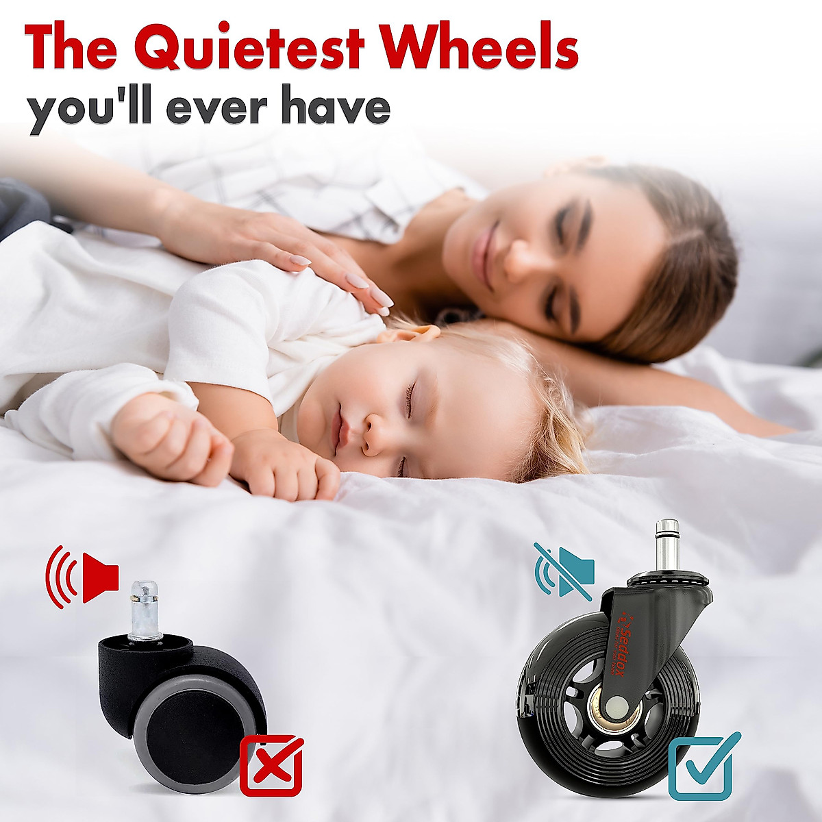 Professional Office Chair Wheels Gift Set of 5 Black - Protect All Your Floors - 3'' Heavy Duty Replacement Rubber Desk Chair Casters - Best Protection for Your Hardwood Floors