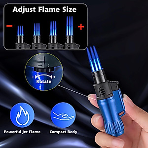 Torch Lighter, 3 Pack Triple Jet Flame Butane Lighters, Adjustable Windproof Flame Lighter with Flame Fixed Lock, Durable Portable Lighters for Candle Camping Kitchen Family Use(without Butane Gas)
