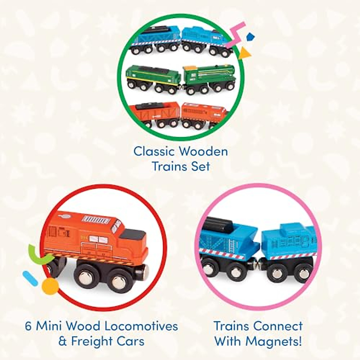 Battat – Classic Trains – 6Pc Wooden Railroad Set – Magnetic Toy Trains – Train Engines & Cars – 3 Years + – Wooden Locomotives & Freight Cars