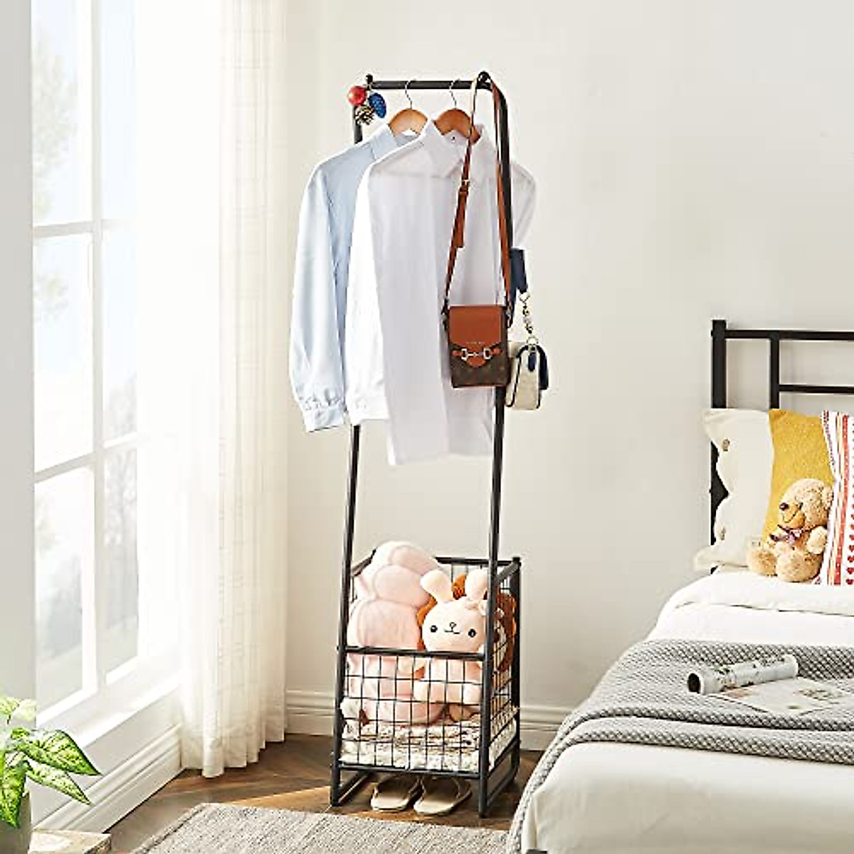 VECELO Metal Coat Rack Stand with Anti-Drop Design, Space Saving Hall Trees with Steel Basket,Small Garment Organizer with 2 Handy Cloth Rails and Slipper Space, Rectangle, Rustic Brown