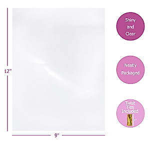 Purple Q Crafts Clear Plastic Cellophane Bags with 4" Colored Twist Ties for Gifts Party Favors (9"x12" 50 Pack)