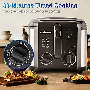 CUSIMAX Electric Deep Fryer for Home Use, 1500W, 2.5 Liter Small Deep Fryer with Basket, Adjustable Temperature & Time, Lid with View Window and Odor Free Filter