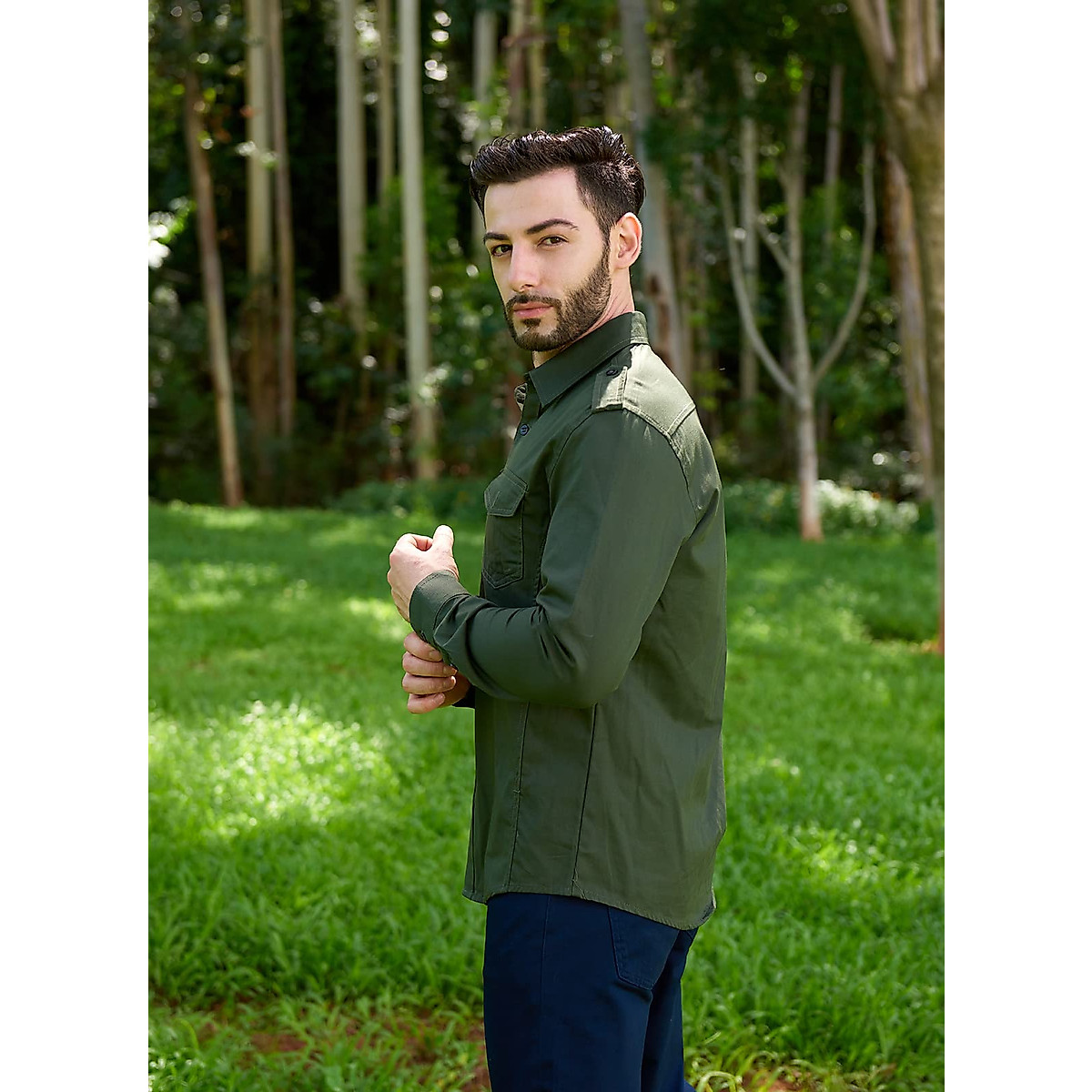 XTAPAN Men's Long Sleeve Casual Slim Fit Button Down Dress Shirt with Two Pockets Asian 5XL=US XL Army Green 6620