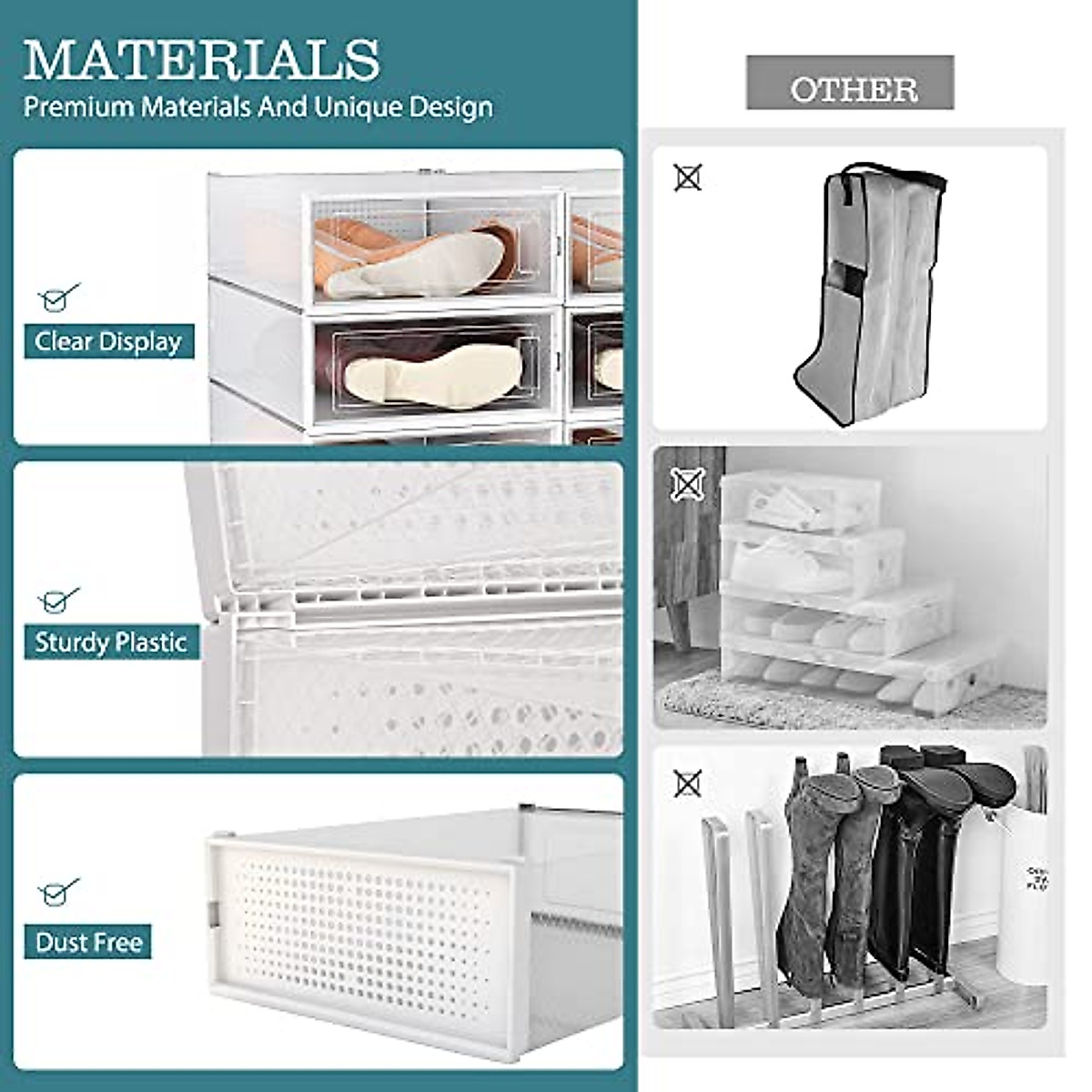 DHMAKER Boot Storage Box, 8 Pack Stackable Boot Boxes for Tall Boots, Boot Boxes Clear Plastic Stackable with Lid Drop Front Boot Organizer, White