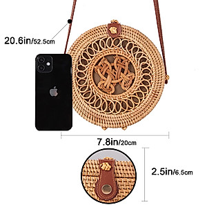 RIANGIE Beach Bag for Women Boho Bag Crossbody Purse Rattan Handwoven Round with Leather Strap