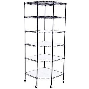 lapday 6 Tiers Corner Shelf, Adjustable Metal Free Standing Wire Shelving Unit Corner Storage Rack with Wheels for Living Room, Bathroom, Kitchen, 27" L x 27" W x 71" H (Black)