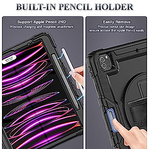SEYMAC stock iPad Pro 12.9 Case (6th/5th/4th/3rd Gen), [Full-Body] Drop Protection Case with [Screen Protector] 360 Rotating Stand [Pencil Holder] Hand Strap for iPad Pro 12.9''2022-2018 (Black)