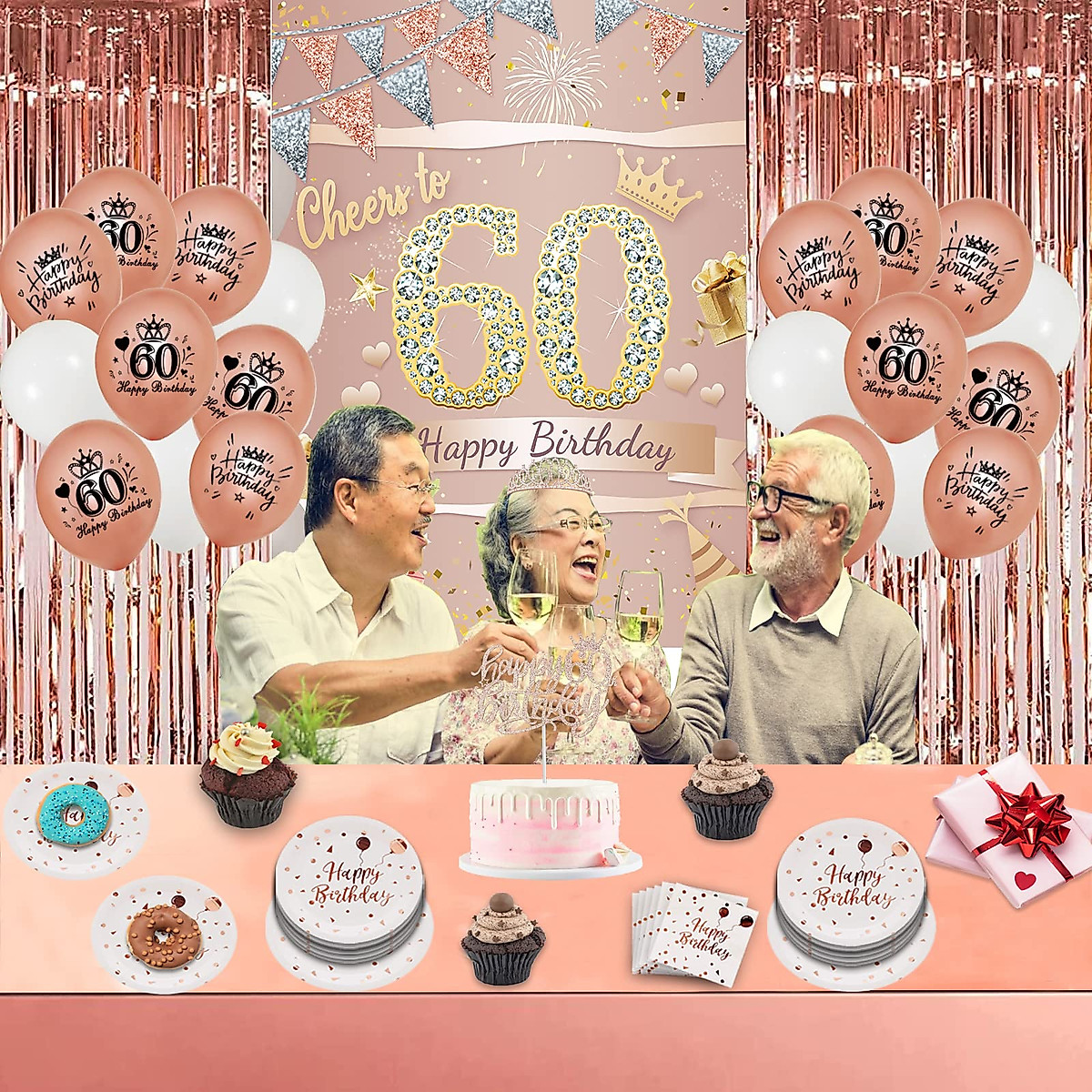60th Birthday Decorations for Women,90 PCS Rose Gold 60th and Fabulous Birthday Decorations,Including Happy 60th Birthday Banner Backdrop,Crown,Hanging Swirl, birthday Balloons, Foil Backdrops,Cake Toppers, Plates, Photo Props, Birthday Sash,60th Birthday