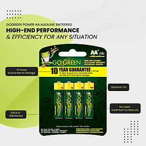 GoGreen Power (24001) Eco Friendly Alkaline AA Batteries - No Lead, Cadmium or Mercury - Pack of 4