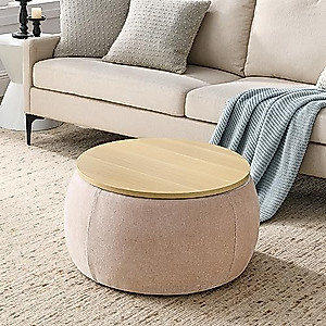 Kakotito Modern Round Storage Ottoman with Wooden Lid,Circle Ottoman Handmade Ottoman Coffee Table,End Table & Footstool for Living Room (Pink)