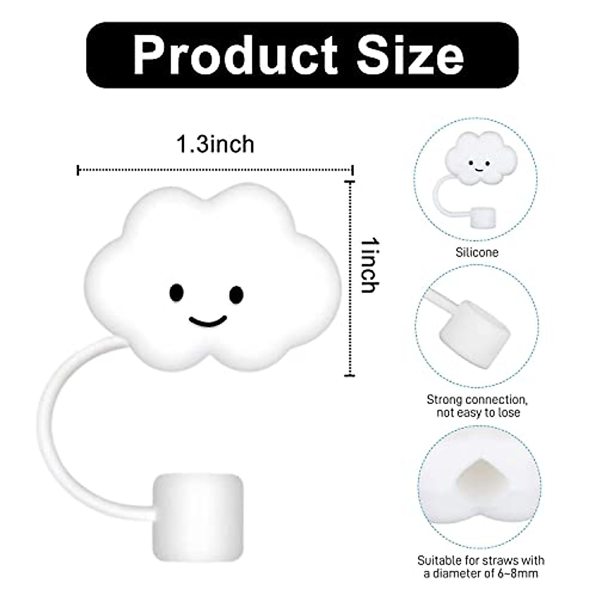 10 Pcs Cloud Shape Straw Covers, Straw Tips Cover Reusable Cloud Shape Straw Protector Straw Covers Cap Straw Protectors Cap Silicone Straw Cover for 6-8 mm Straws, White