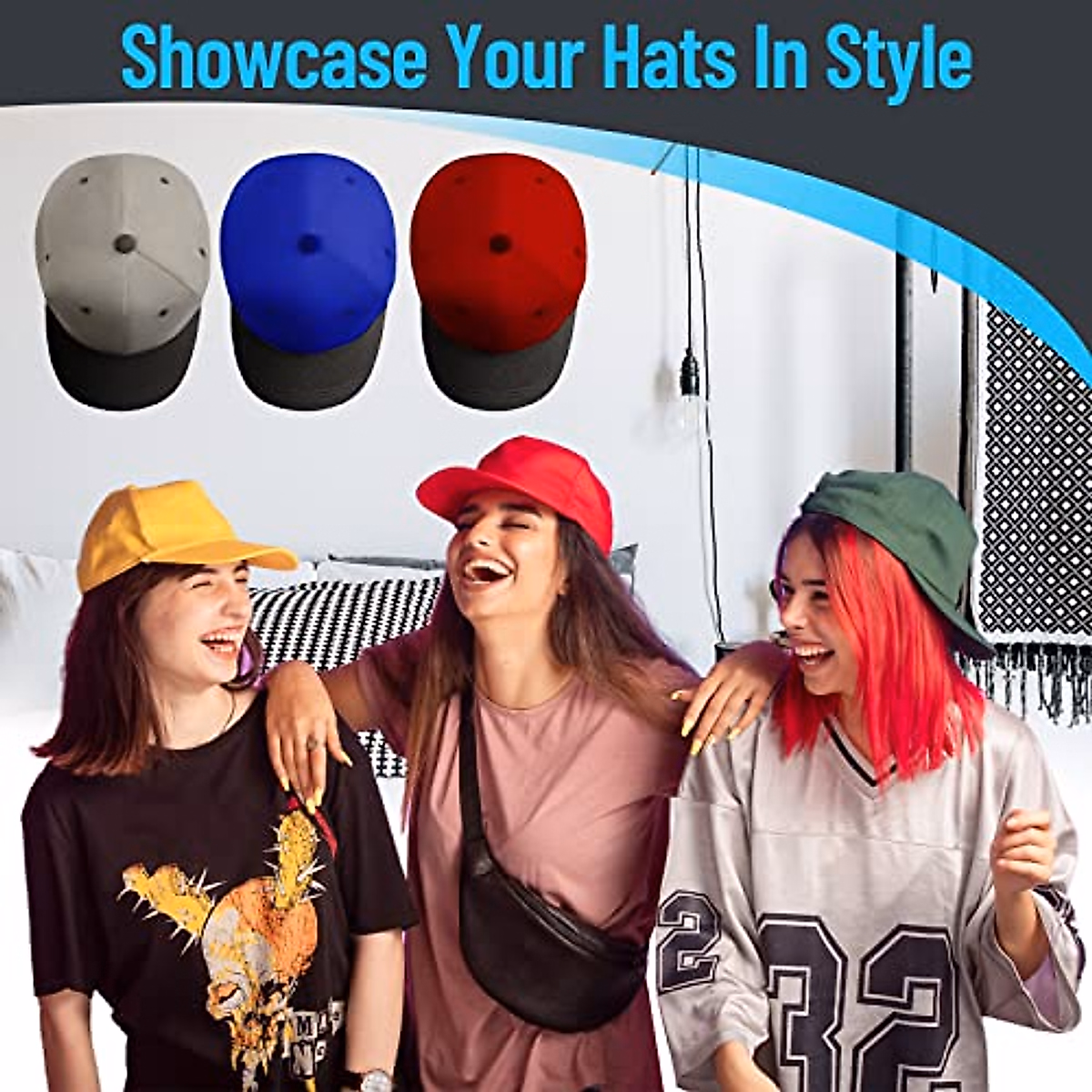 ZHWKMYP 8 Pcs Hat Rack, Adhesive Black Hat Hooks for Wall, Hat Rack Wall Mount for Baseball Caps Boys Room