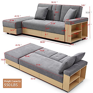 cinkehome 85" Convertible Sleeper Sofa with Adjustable Backrest, Multifunctional Couch Bed for Living Room, Storage Ottoman, Built in Drawer, Bookself and Cup Holders, Comfy Cotton-Linen, Gray