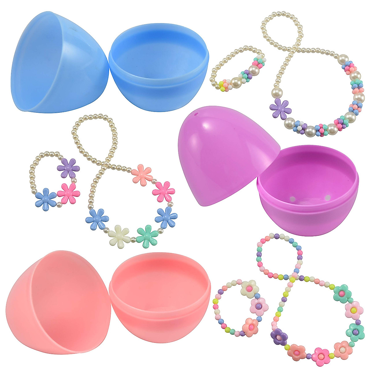 JOYIN 12 Pack Prefilled Easter Eggs with 12 Different Designs of Necklaces and 12 Bracelets Girls Jewelry Set for Girls Easter Party Favor Easter Basket Stuffer Classroom Exchange and Prize Supplies