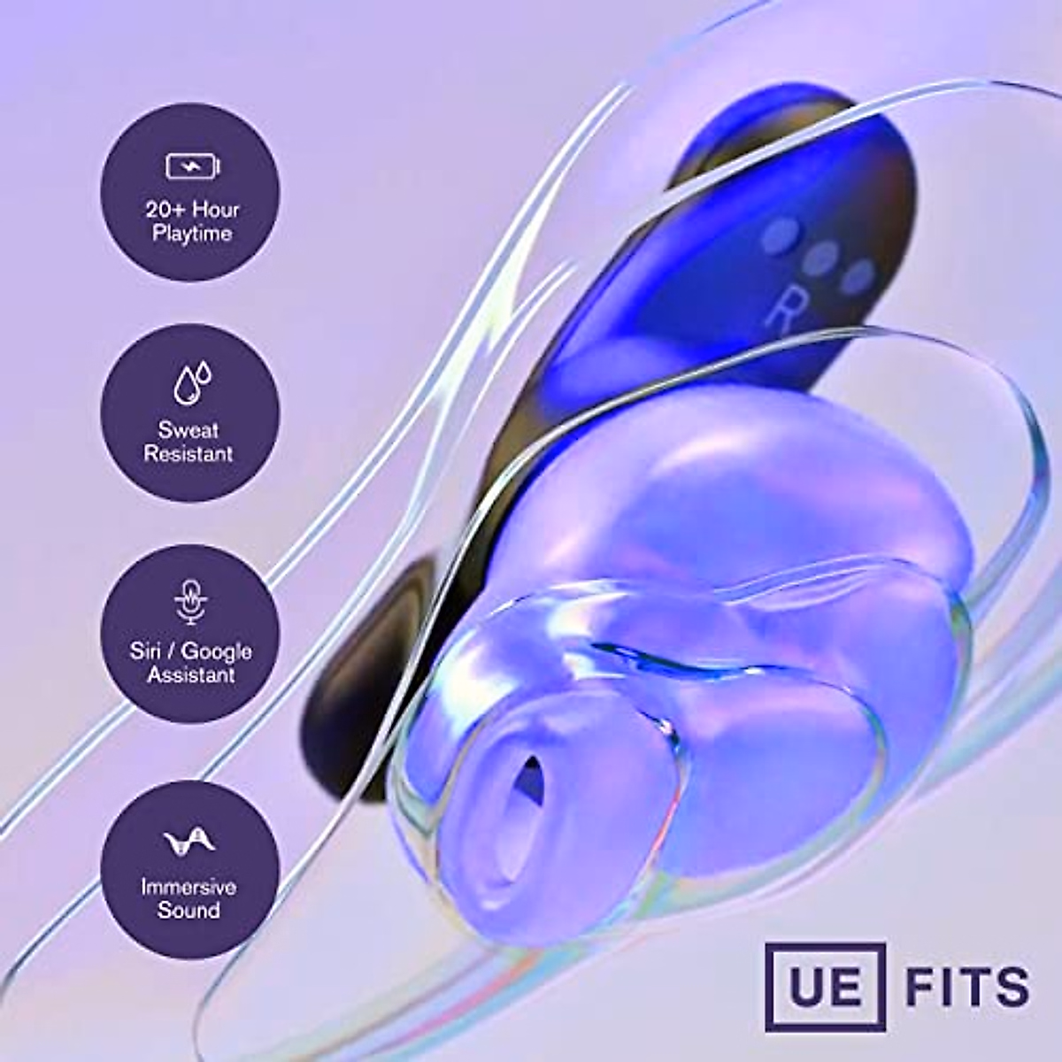 Ultimate Ears FITS True Wireless Bluetooth Custom Fit Earbuds, All Day Comfort, Built-in-Mic, Premium Audio, Passive Noise Cancelling Earphones, 20 Hour Playtime, Sweat Resistant - Dark Blue