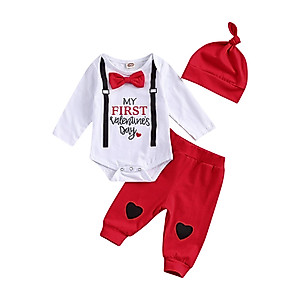 Kuriozud Baby Boy My First Valentine's Day Outfits Long Sleeve Romper Bodysuit Top Pants Hat 3 Piece Clothes Set (Valentine's Day Outfits A, 3-6 Months)