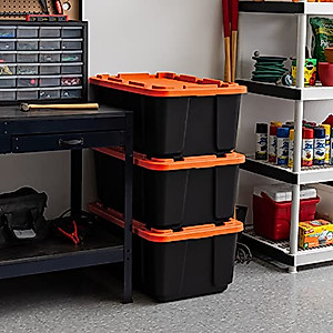 IRIS USA 27 Gallon Heavy-Duty Plastic Storage Tote with Lids, Storage Plastic Bin Organizer Container with Durable Lid and Secure Latching Buckles, Black/Orange, 3 Pack