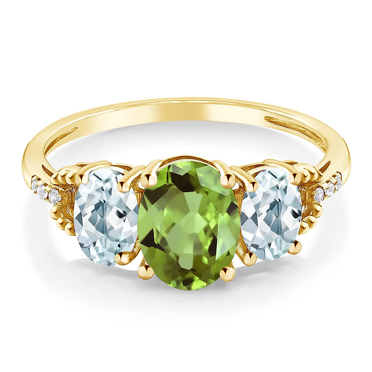 Gem Stone King 10K Yellow Gold Oval Green Peridot and Sky Blue Aquamarine Ring For Women (2.46 Cttw, Gemstone Birthstone) (Size 6)