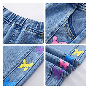 Rolanko Big Girls Baggy Jeans Elastic Wide Leg Stretch Denim Pants Loose Kids Clothes (Colorful Butterfly, 14-16)