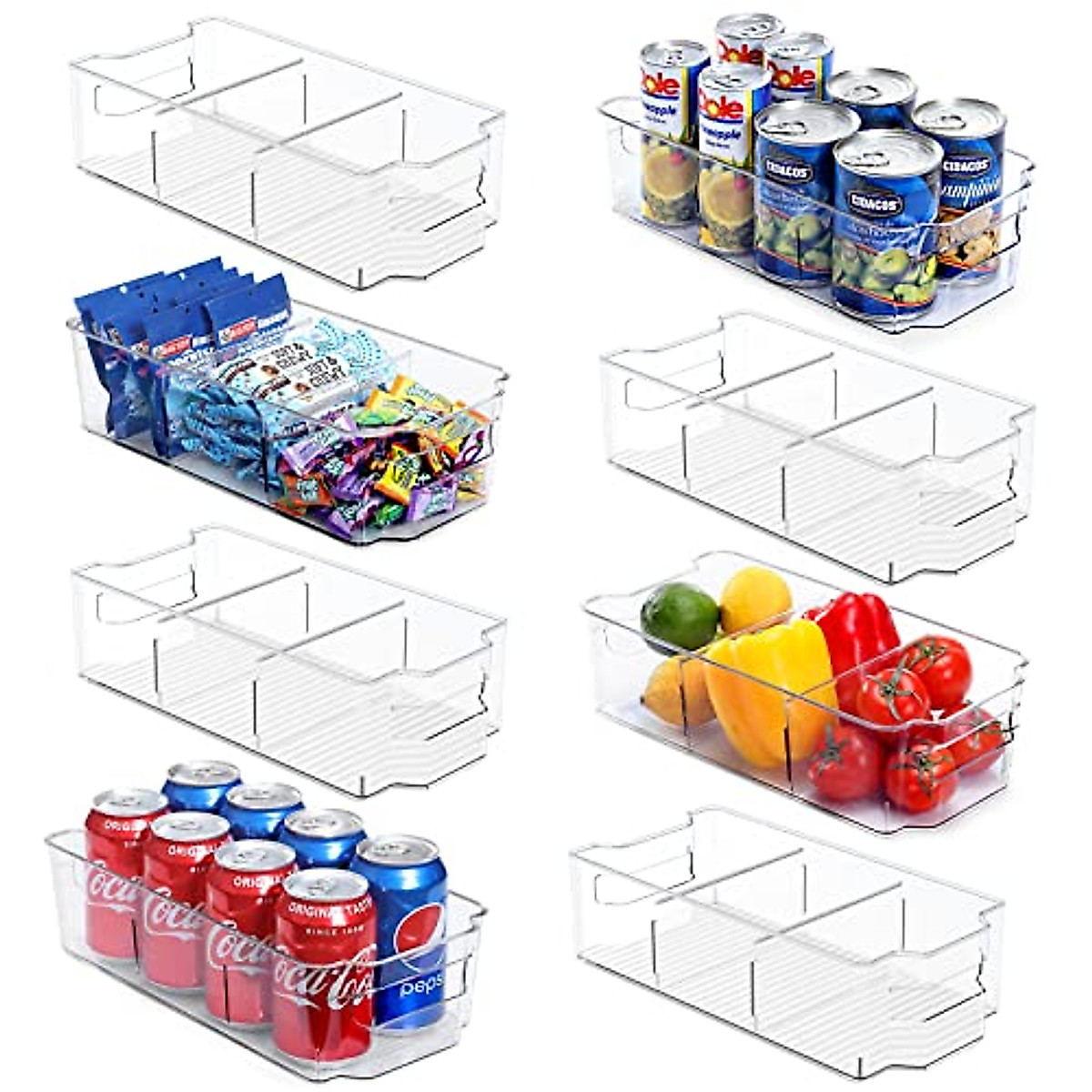 [ 4 Pack ] 12 Inch Non-Skid Turntable Lazy Susan Organizers + 8 Pack, Stackable Clear Bins with Removable Dividers - Plastic Refrigerator Organizer Bins - Food Snack, Pantry Organization and Storage