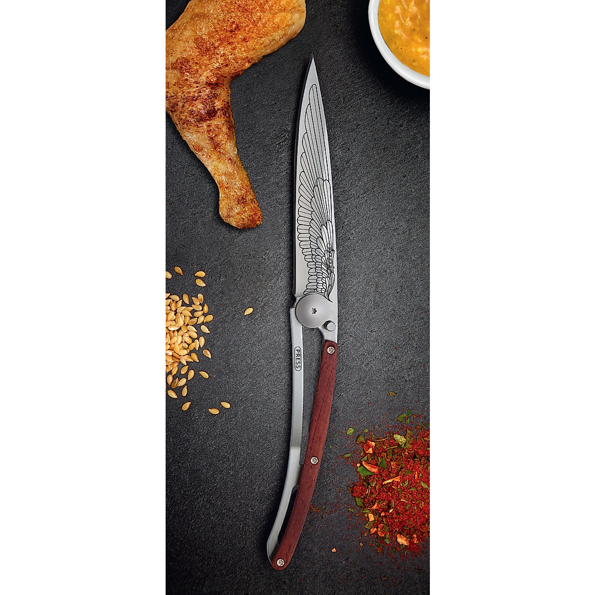 Deejo Ultra Lightweight Folding Pocket Knife with Belt Clip - Coral Wood Version 1.3 oz - Fine, Sharp Blade -Wing Pattern - Stainless Steel - Elegant and Modern Design